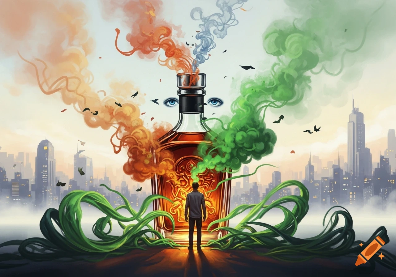 A man stands before a giant liquor bottle with eyes, emitting colorful ...