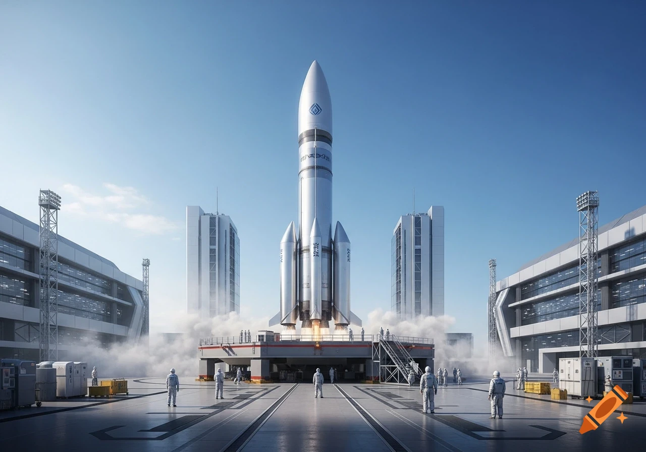 A large, silver rocket stands on a launchpad surrounded by ground crew ...
