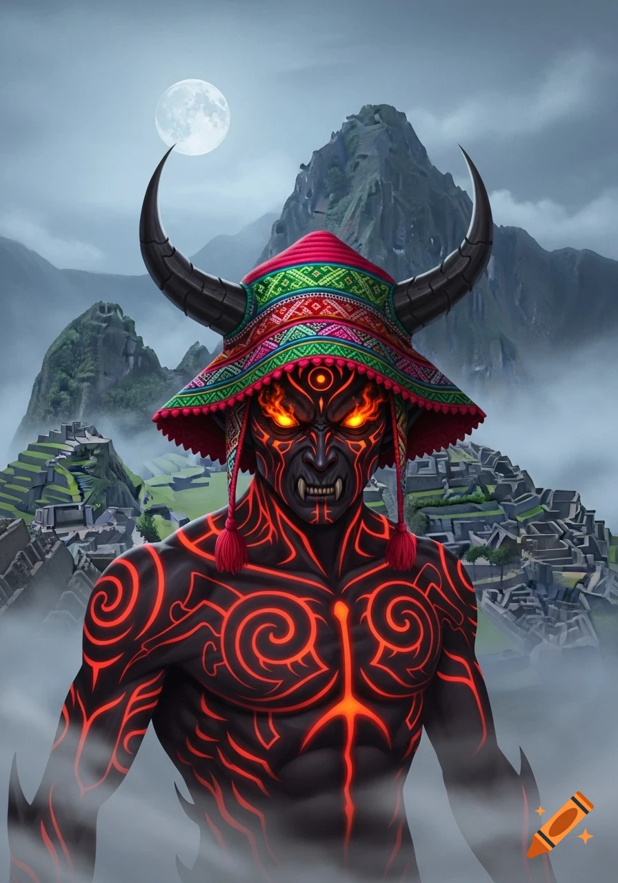 A fierce horned demon with glowing red patterns and eyes, wearing a ...