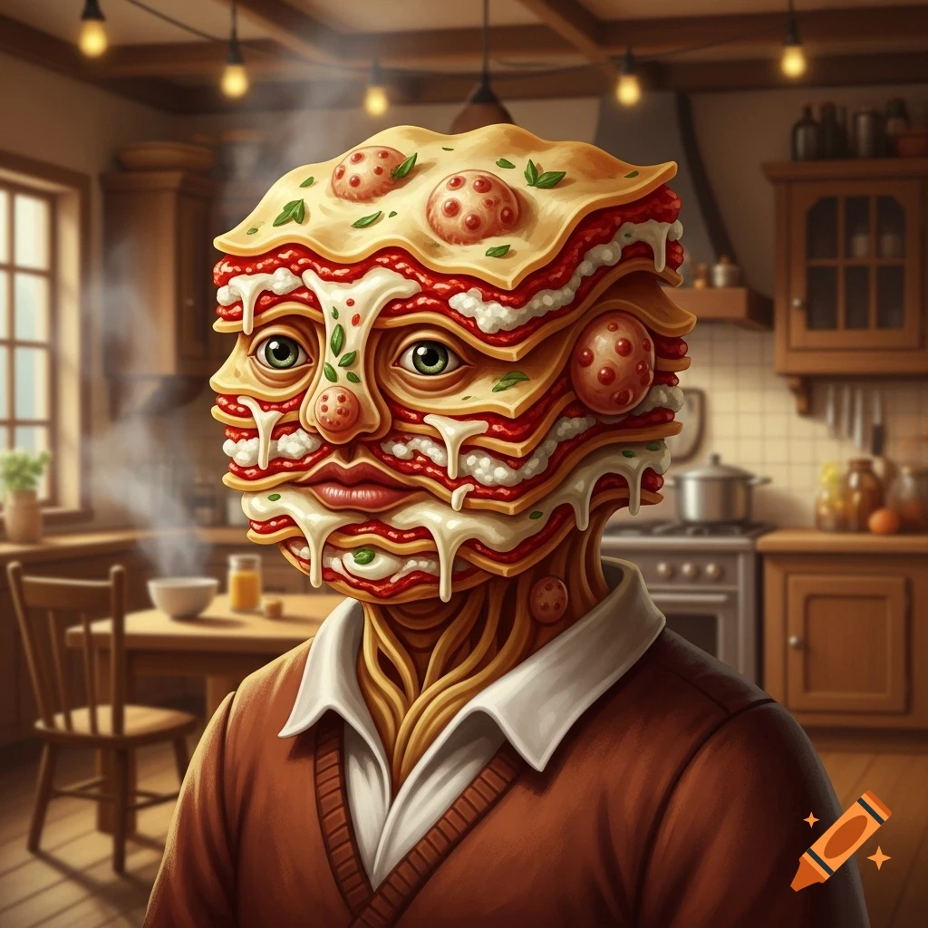 A surreal illustration of a person with a head made of layered lasagna ...