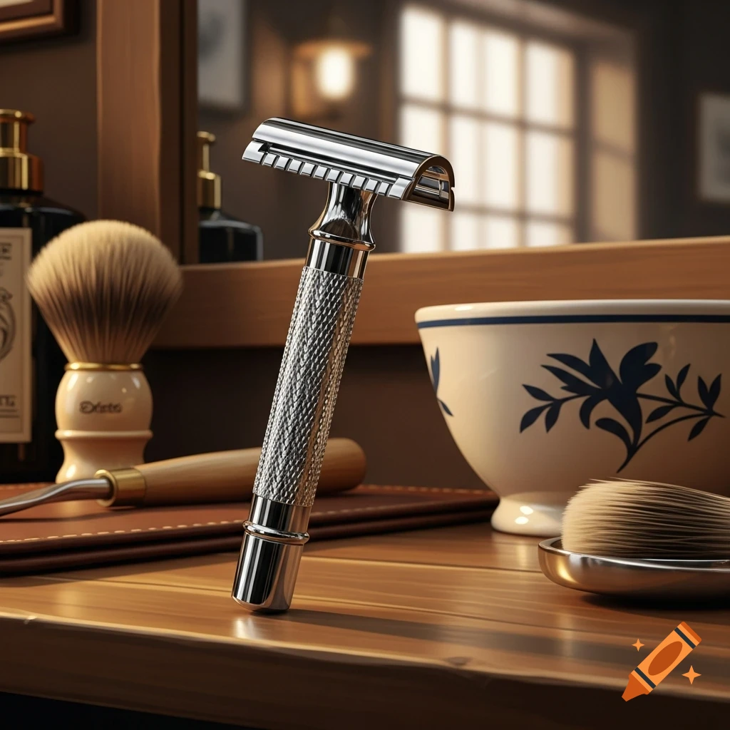 A detailed chrome classic safety razor stands on a wooden counter with ...