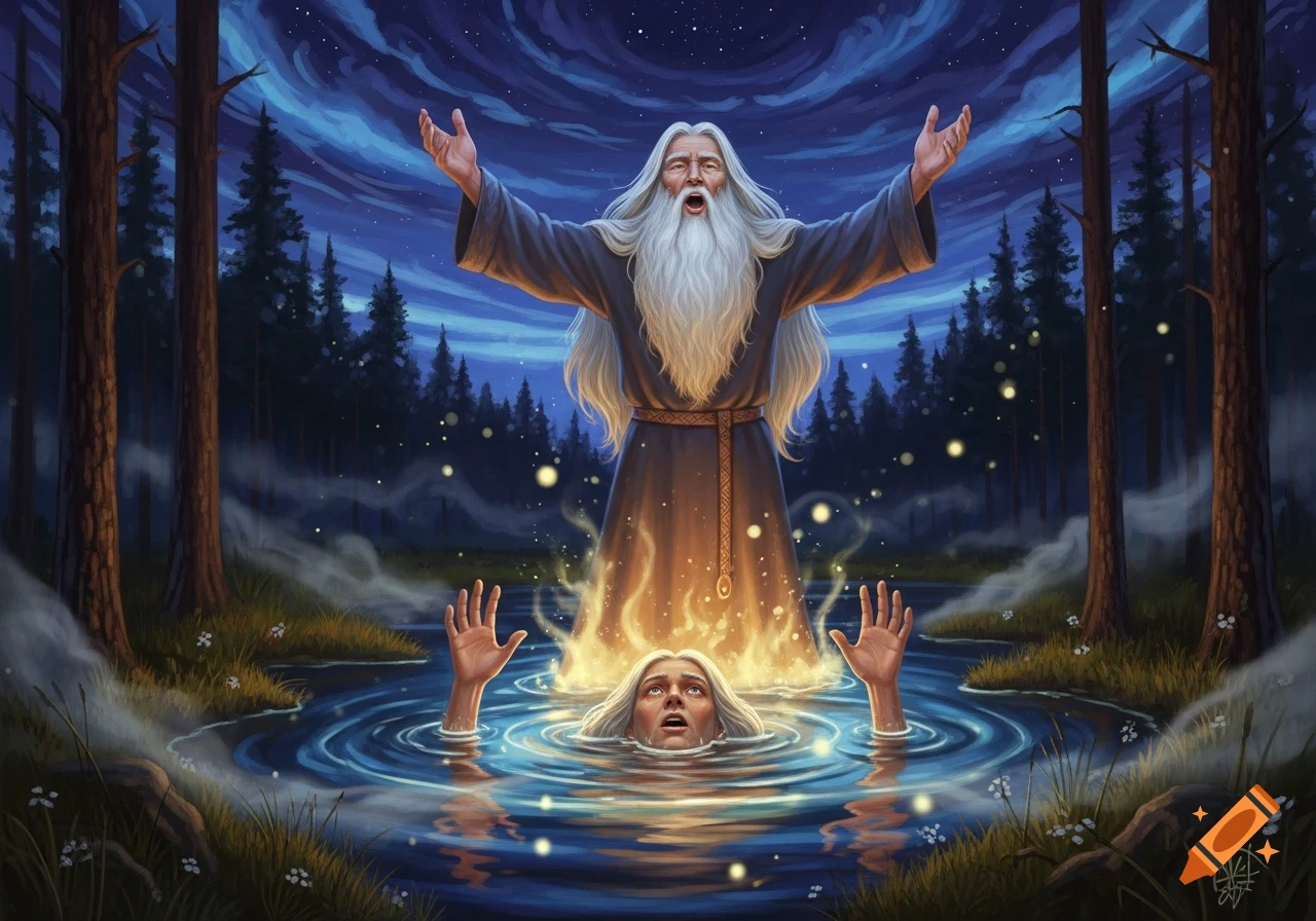 A long-bearded wizard with arms raised and a glowing aura stands behind ...