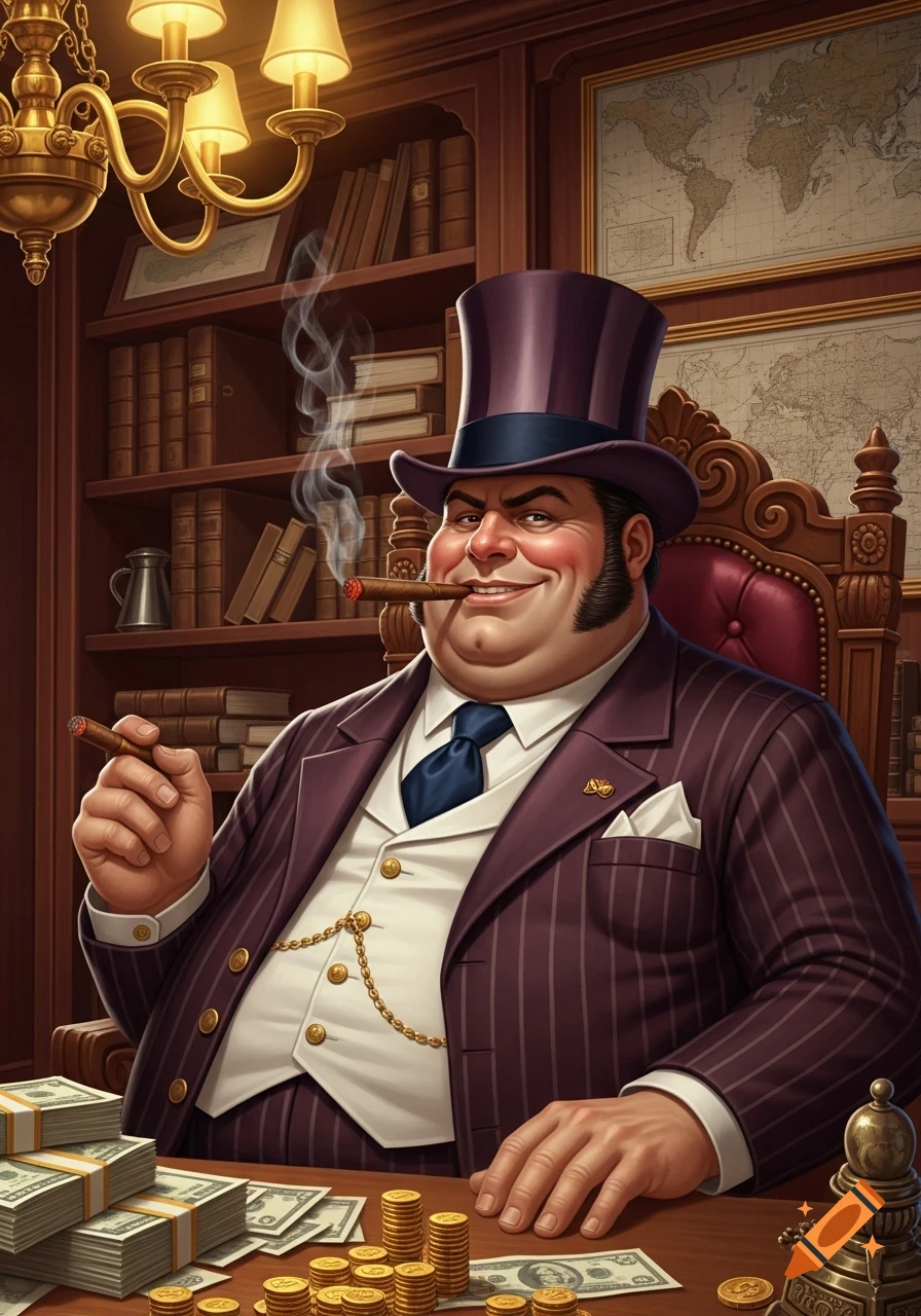 A cartoonish, plump man in a top hat and suit smokes a cigar at a desk ...