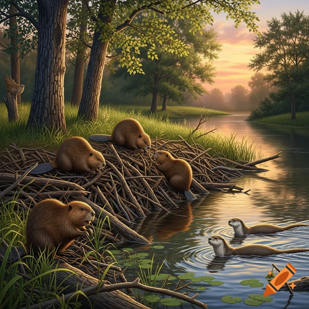 Photorealistic scene of beavers building a dam and otters swimming in a ...