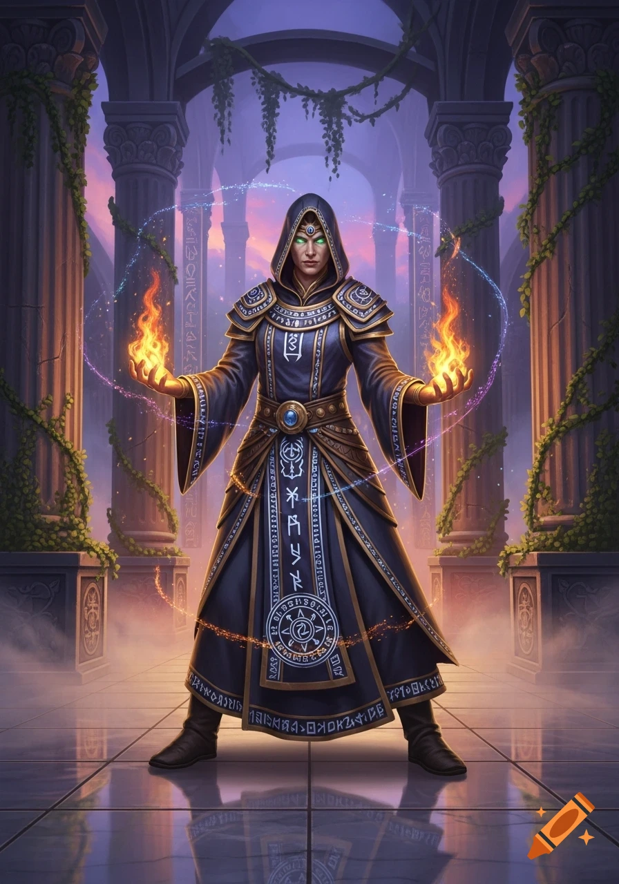 A robed figure with glowing green eyes and fire in hands stands in a ...