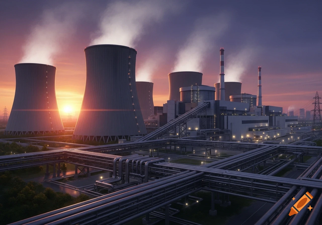 Photorealistic image of a nuclear power plant with large cooling towers ...