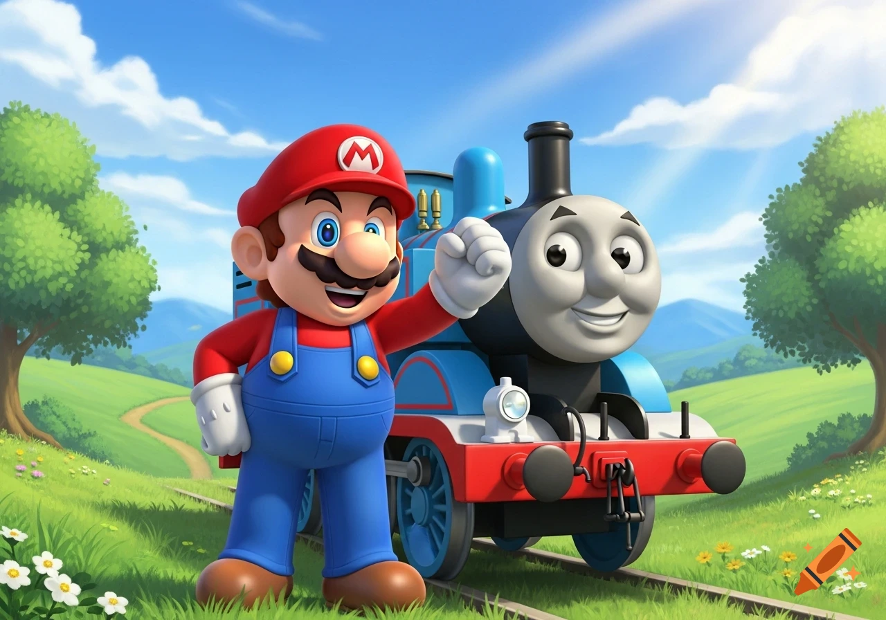 Mario and Thomas the Tank Engine smiling side-by-side in a vibrant ...