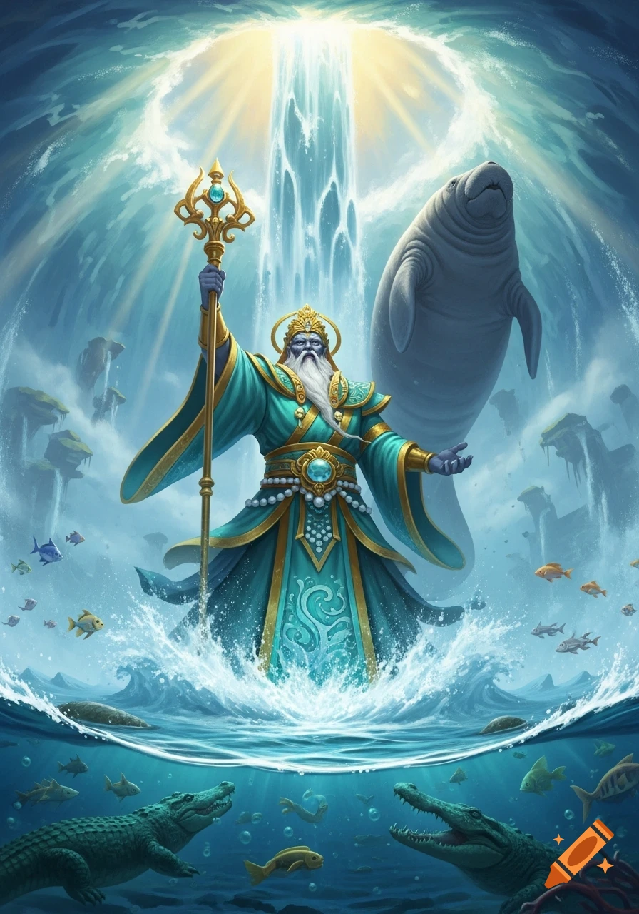 A majestic water god in teal robes rises from waves, holding a golden ...
