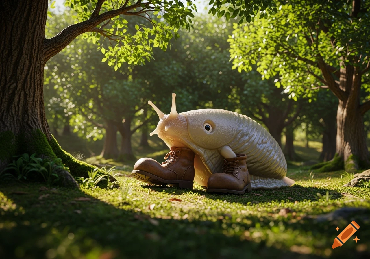 A whimsical, cartoonish slug wearing oversized brown leather boots ...