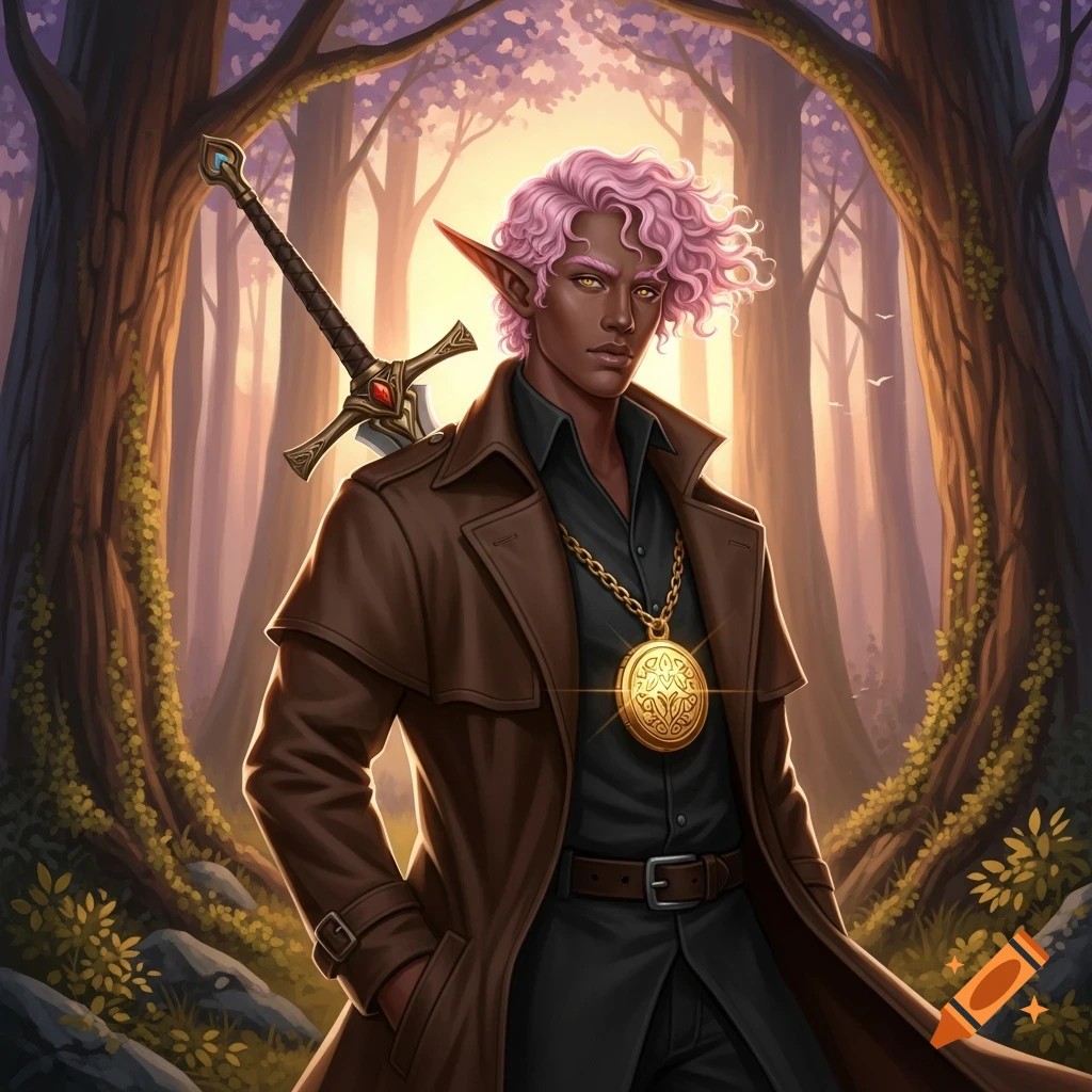 A mocha-skinned elf with pink curly hair, wearing a brown trench coat ...