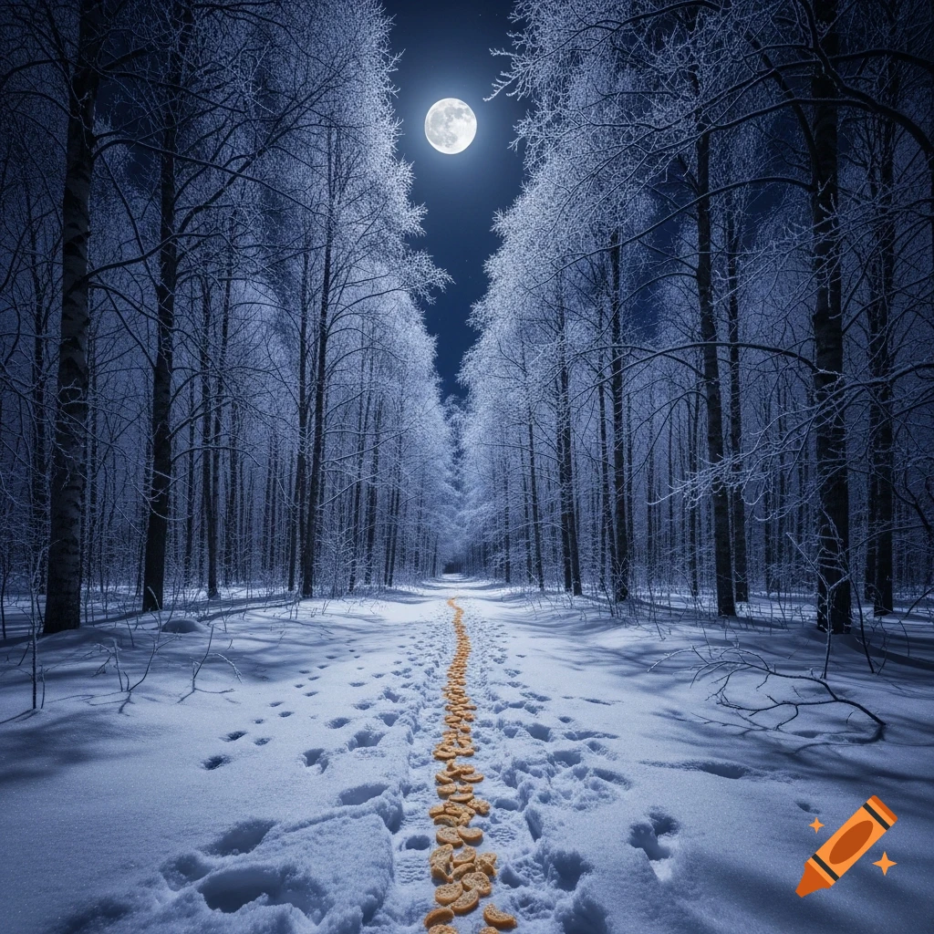 A snowy path lined with breadcrumbs winding through a dense winter ...