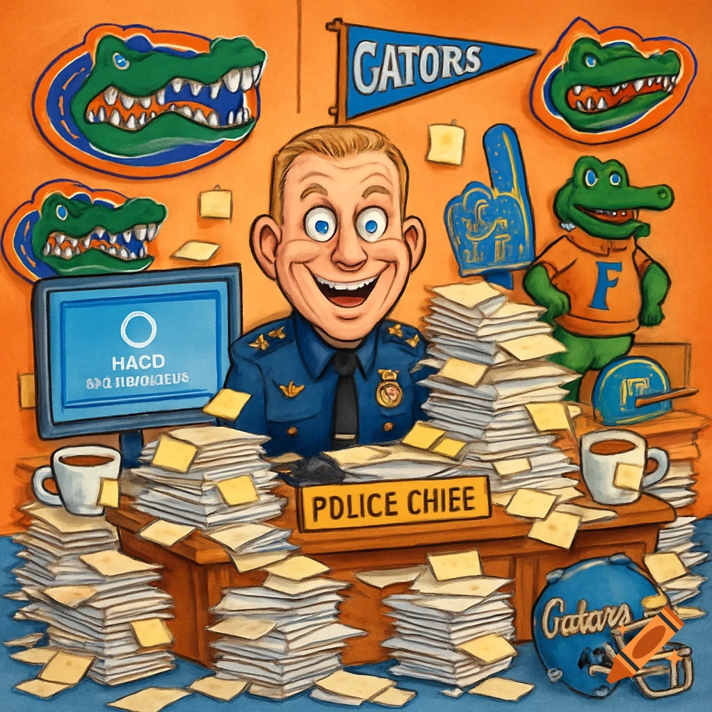 Cartoon illustration of a police chief smiling behind a desk buried ...