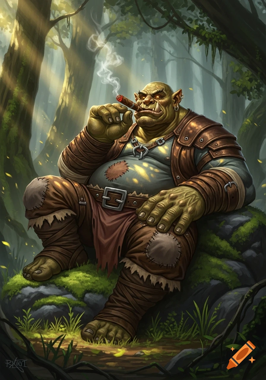 A fat, green-skinned ogre with tusks sits on a mossy rock in a sun ...