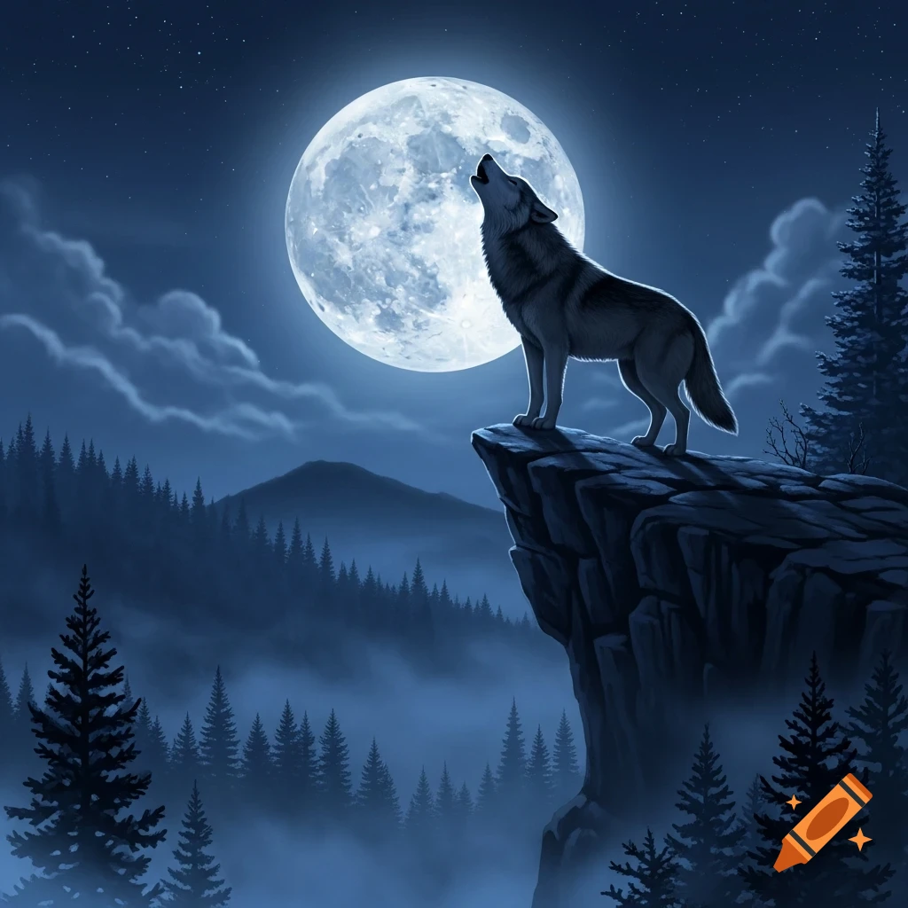 A stylized wolf howls at a large full moon from a rocky cliff ...