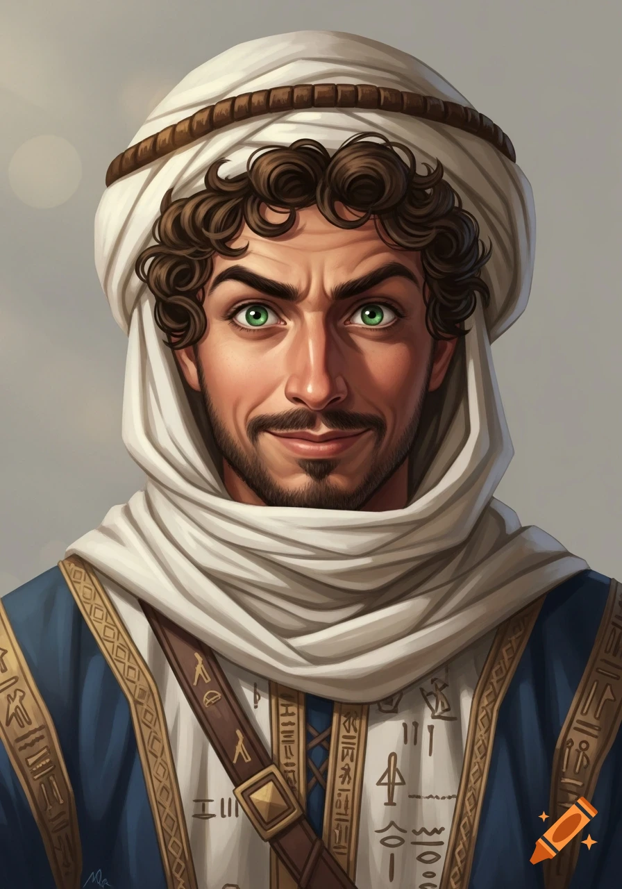 Close-up digital art portrait of a curly-haired man with green eyes and ...