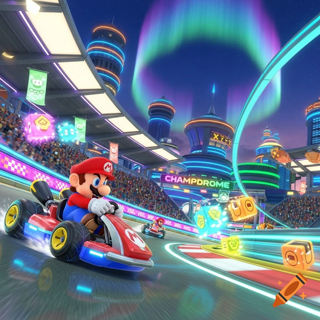 Mario in a red kart races on a futuristic, neon-lit track with an ...