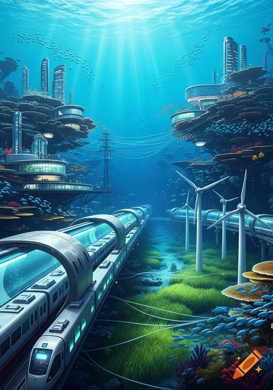 A vibrant futuristic underwater city with sleek buildings, a bullet ...
