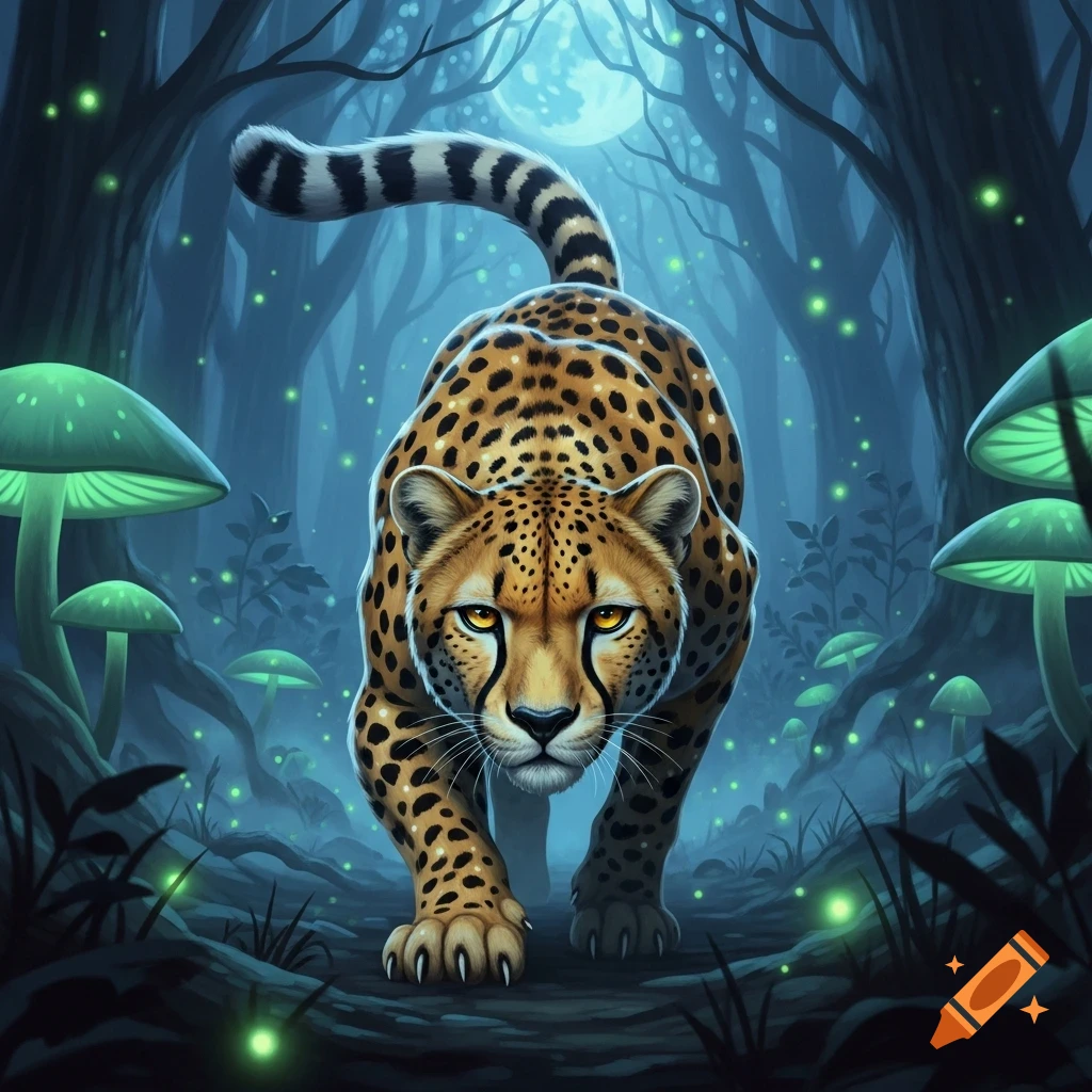 A majestic cheetah stalks forward in a vibrant, glowing fantasy forest ...