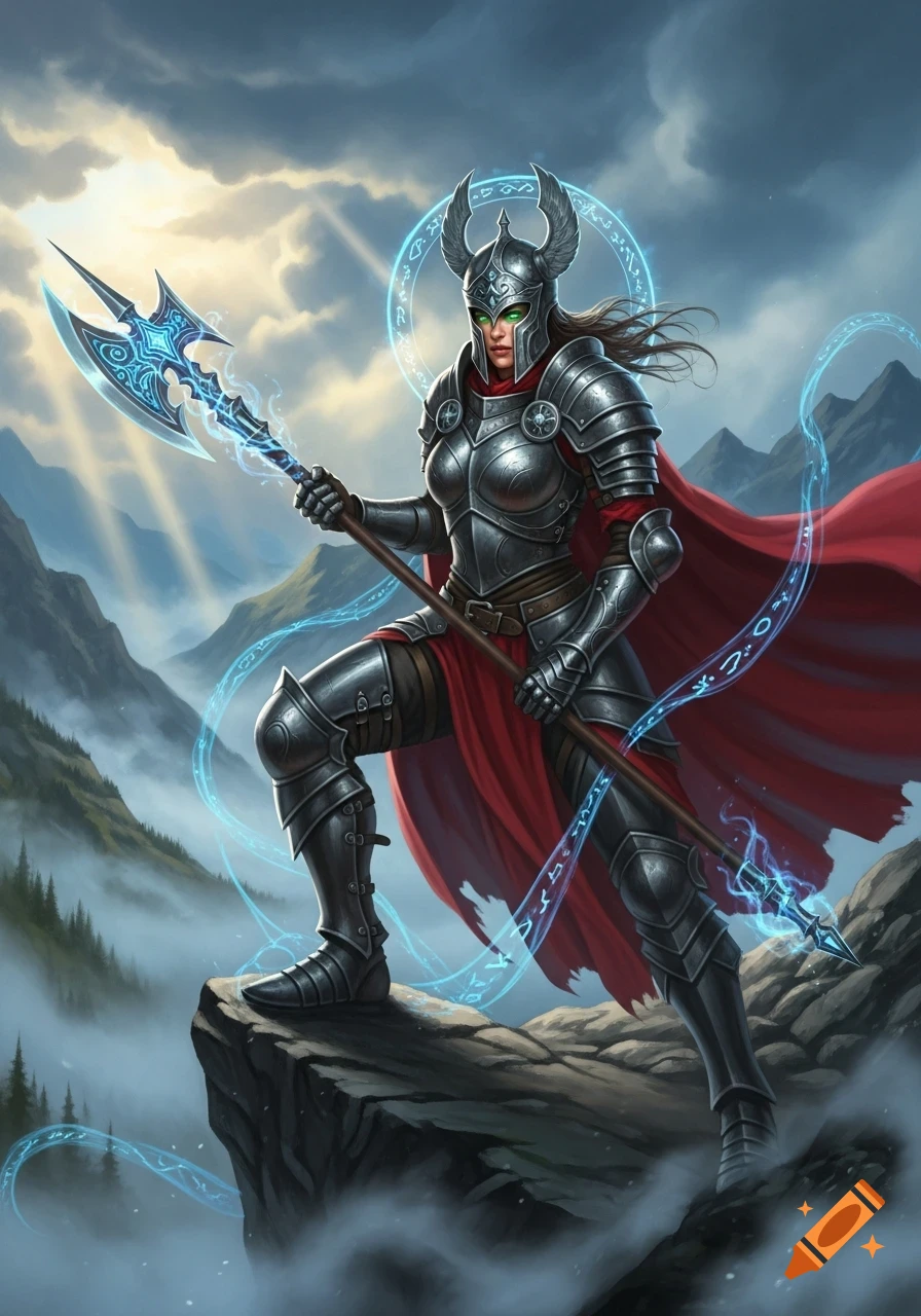 Female warrior in full plate armor and red cape holds a glowing magical ...