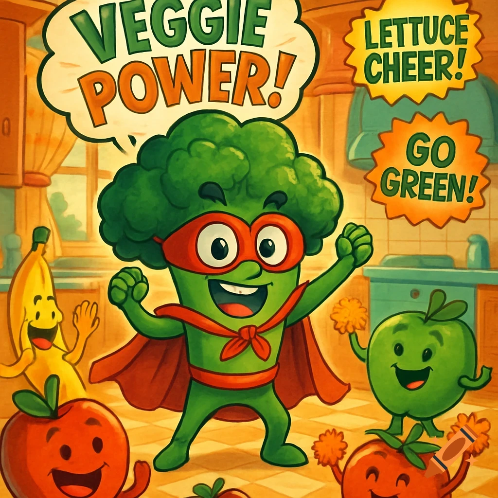 Cartoon broccoli superhero flexing with other cheerful fruits and ...
