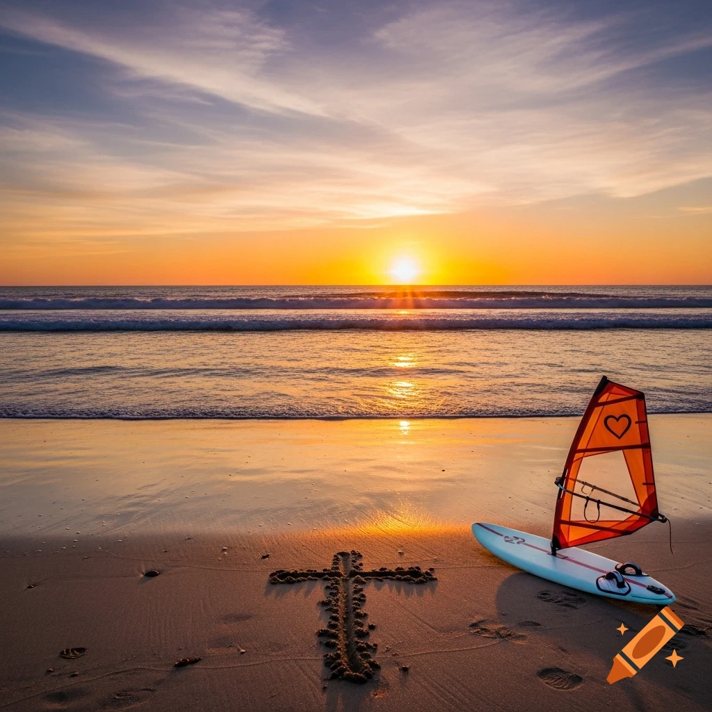 Photorealistic sunset over the ocean with a windsurf board on the beach ...