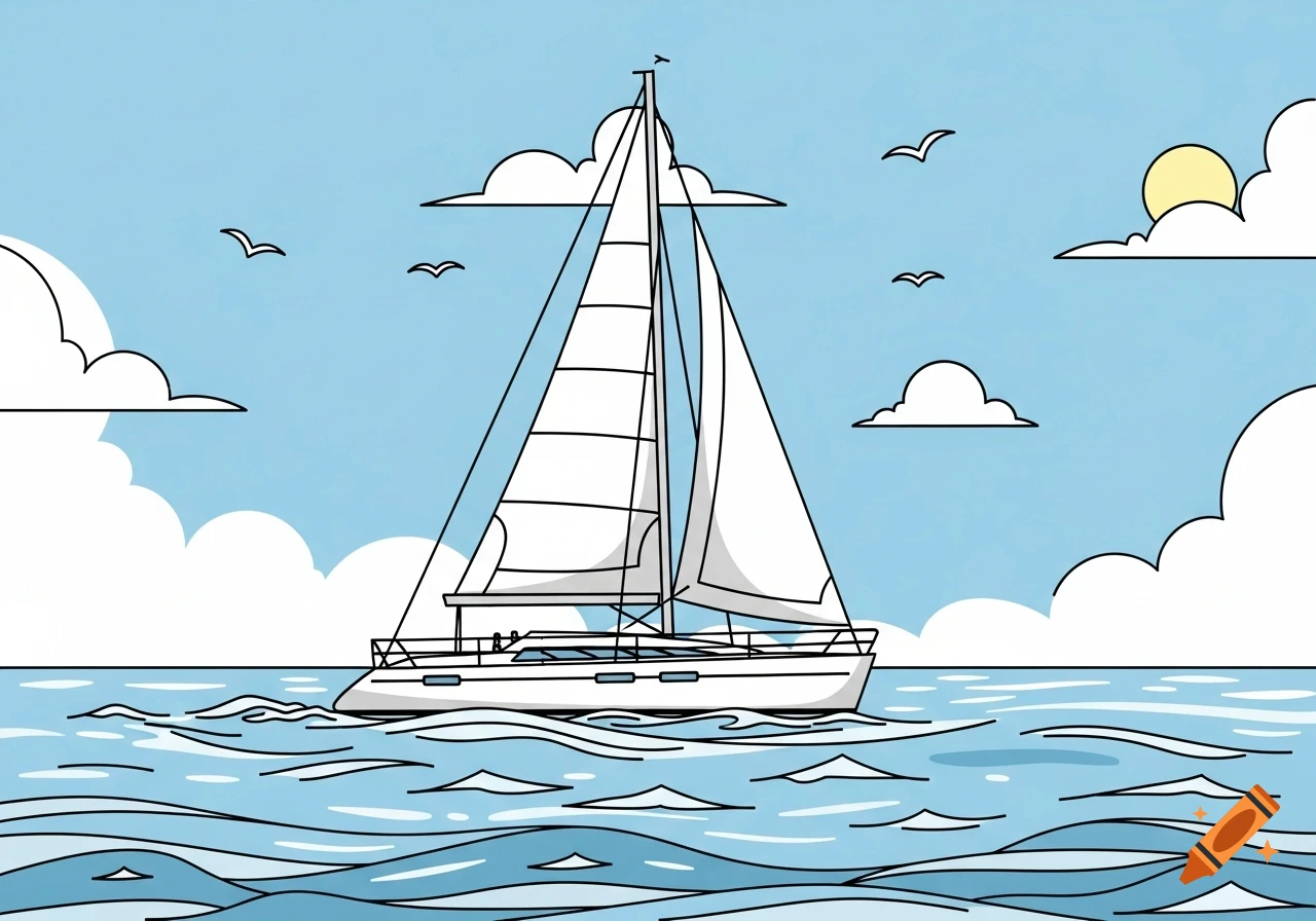 A cartoon illustration of a sailboat with white sails on a blue ocean ...