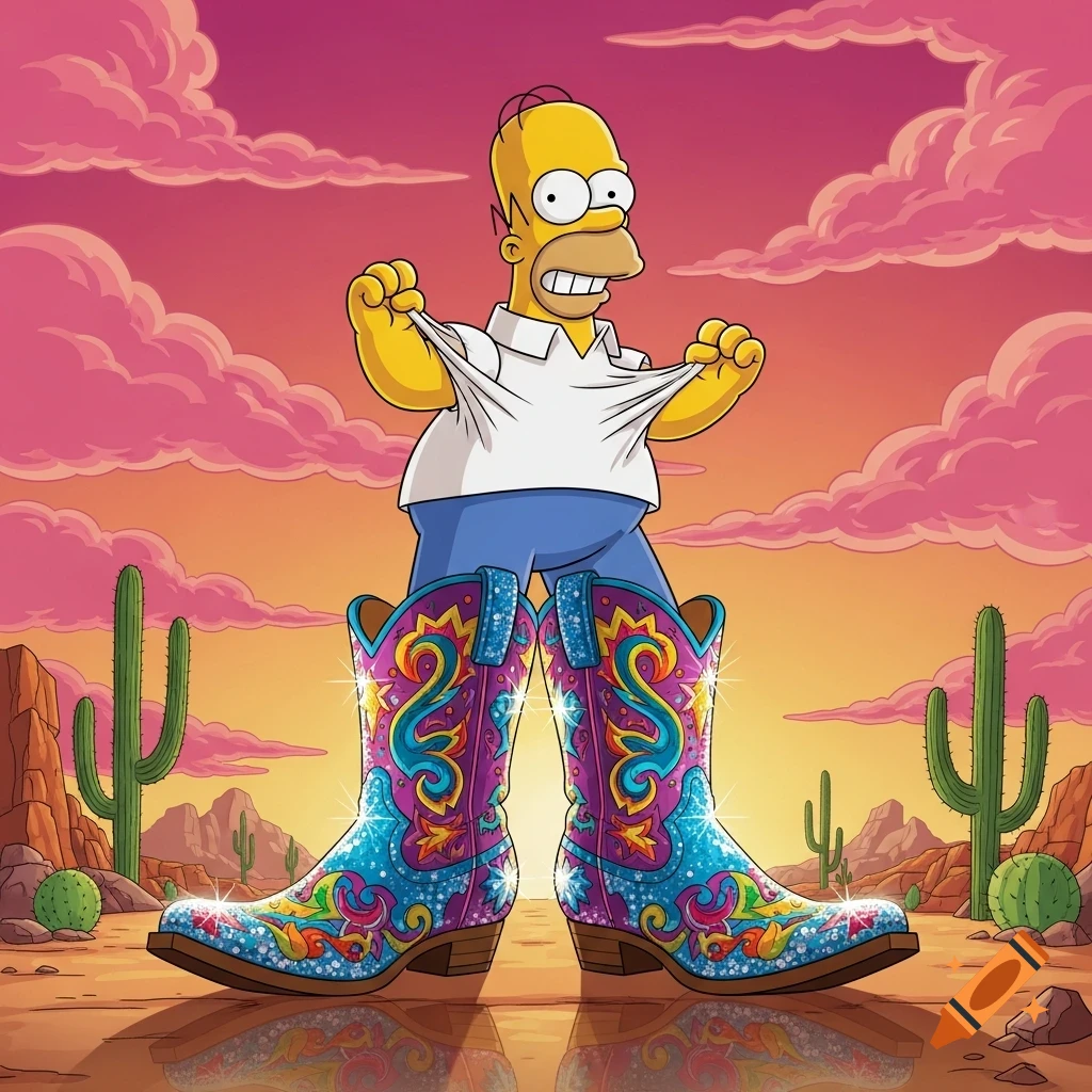 Homer Simpson in oversized, sparkling cowboy boots stretches his shirt ...