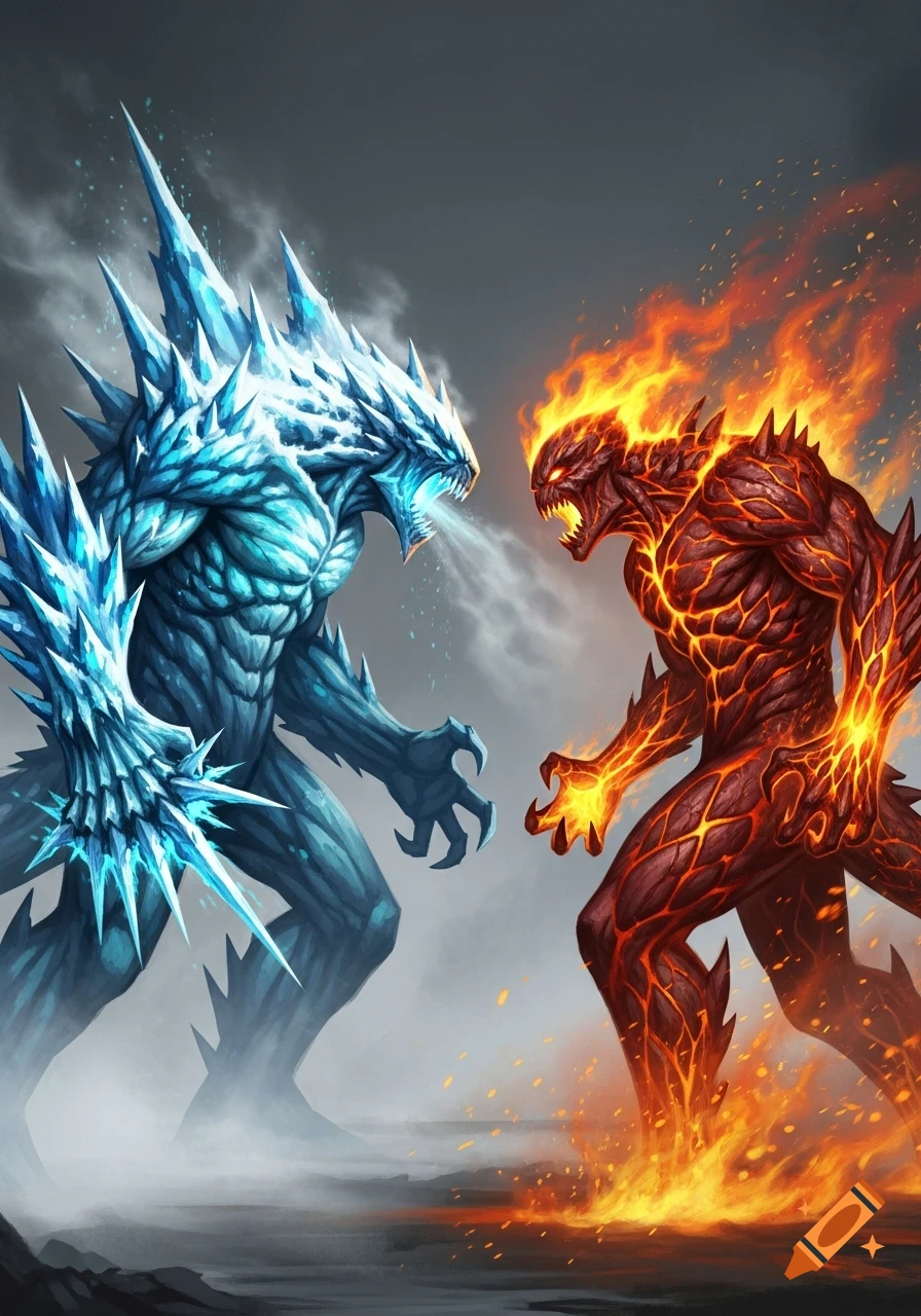 Two elemental monsters, one ice-blue and spiky, the other fiery red ...