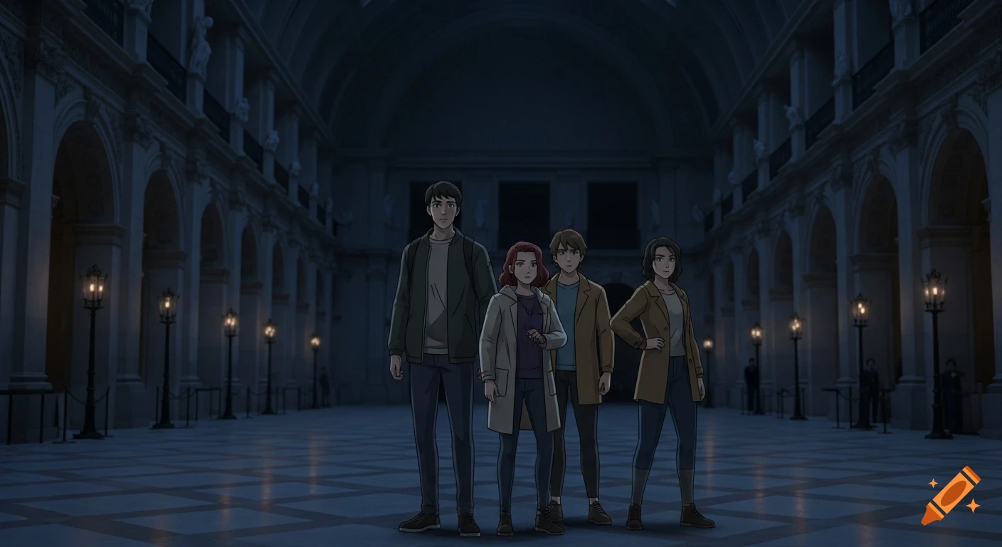 Four anime-style young adults stand in a dimly lit, empty, grand museum ...