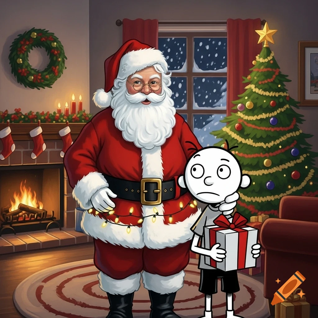 Santa Claus poses with a slightly dismayed Greg Heffley holding a gift ...