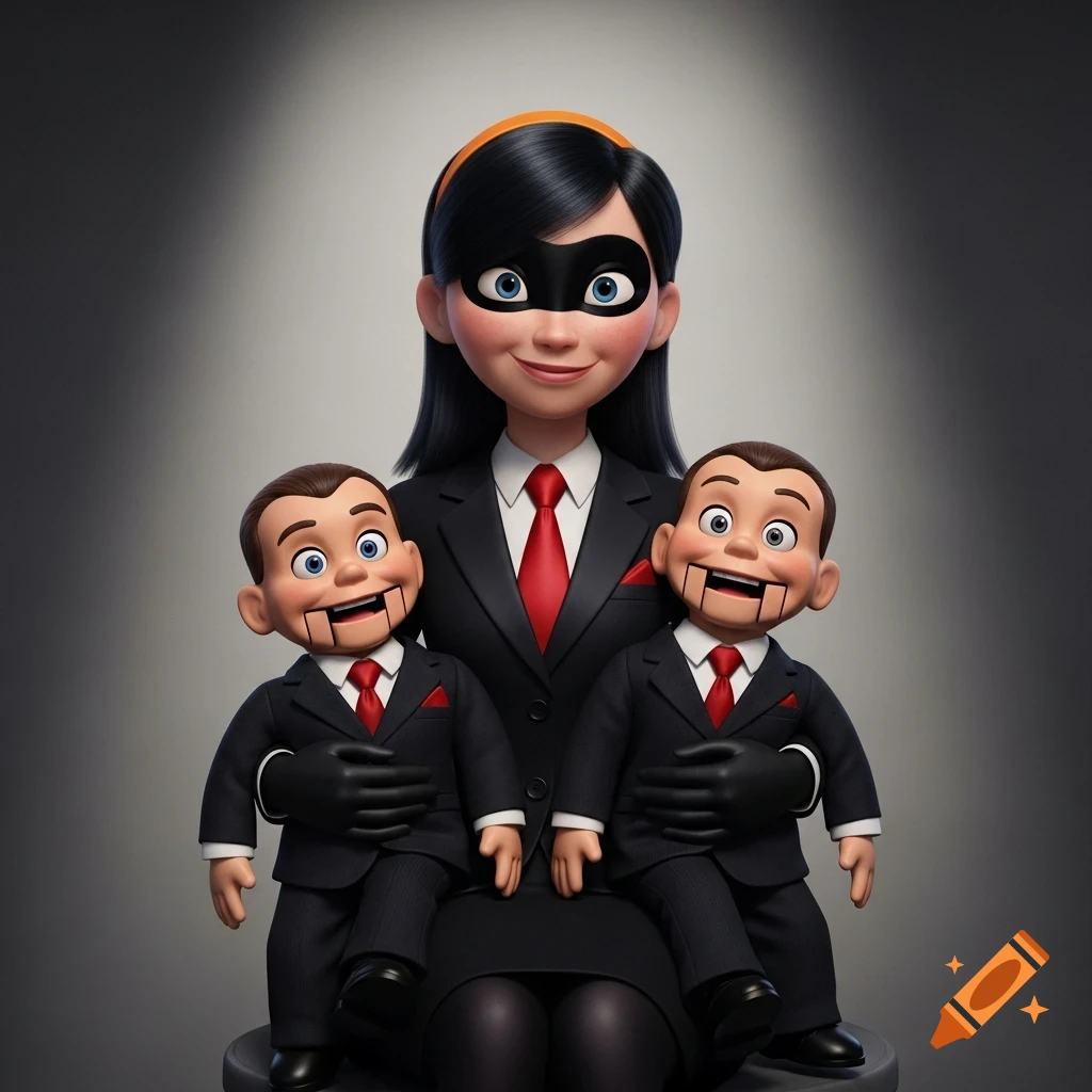 Violet Parr in a black suit and mask holds two smiling ventriloquist ...