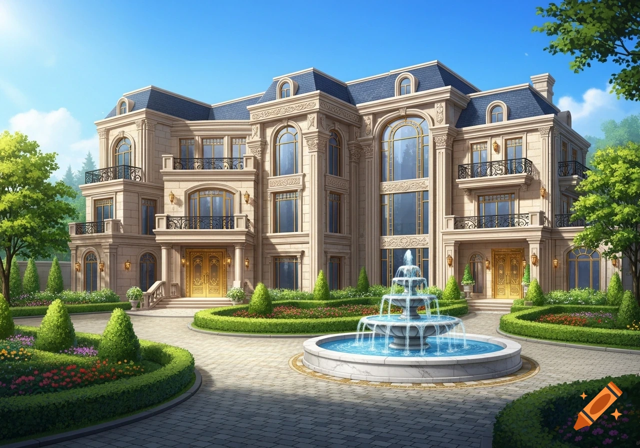A luxurious cream-colored mansion with a blue roof, grand windows, and ...