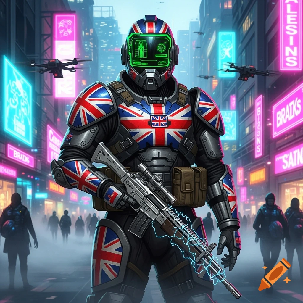 A cyberpunk British soldier in Union Jack armor holds a rifle with ...