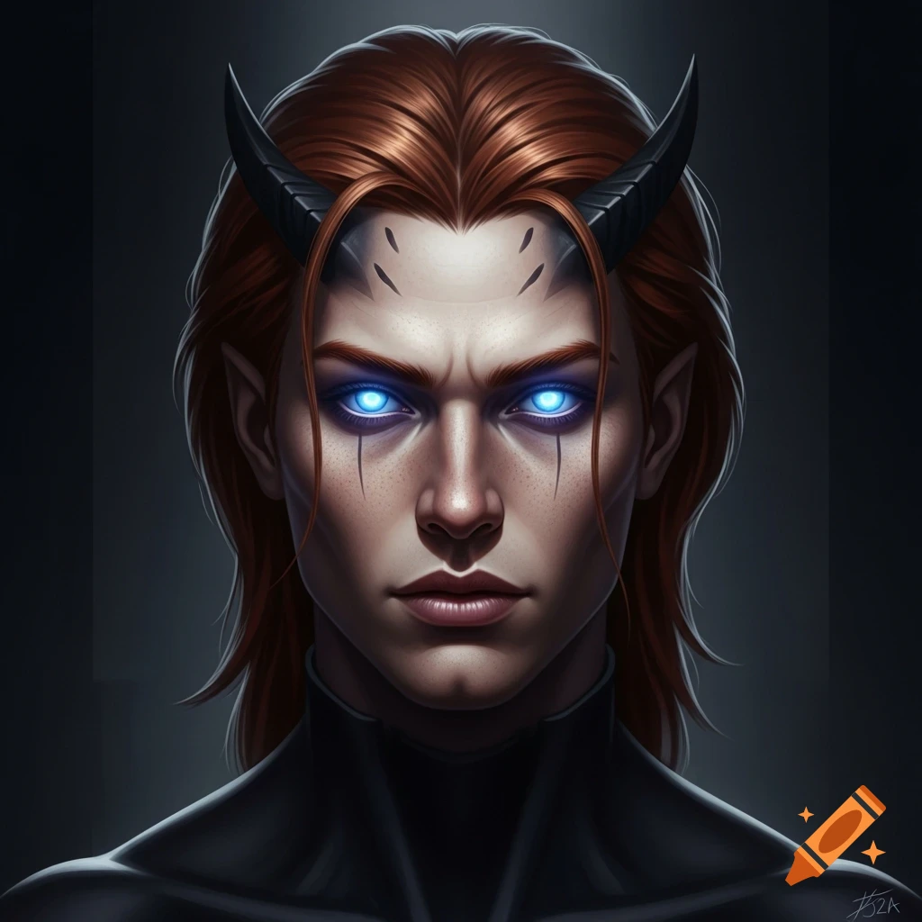 Realistic dark fantasy portrait of a demon-like person with red hair ...