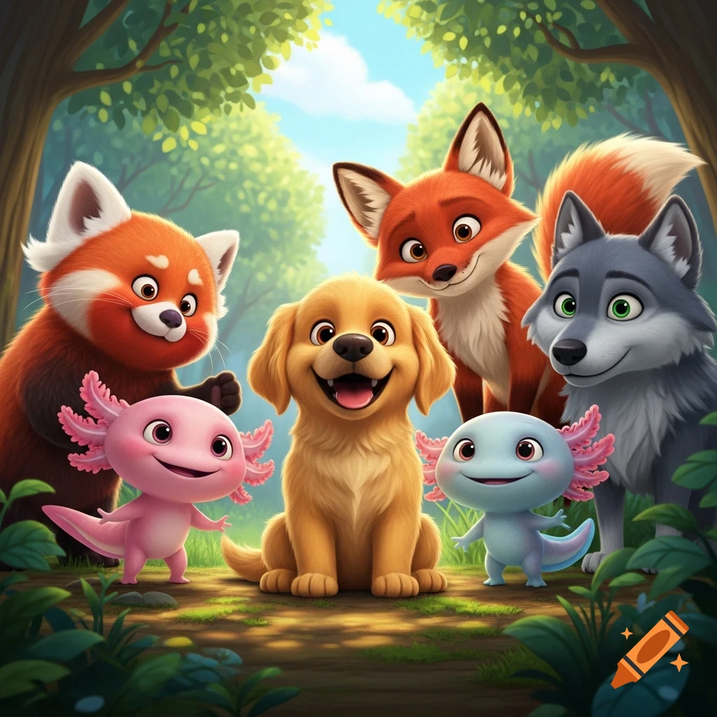 A cartoon golden retriever puppy, red panda, orange fox, pink and blue ...