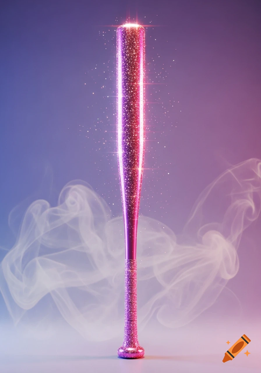 A vibrant pink sparkly baseball bat stands upright, shimmering with ...