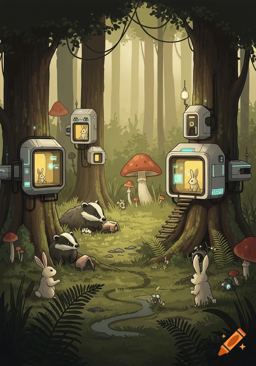 Stylized 2D concept art of anthropomorphic rabbits and badgers in a forest with sci-fi tech ...