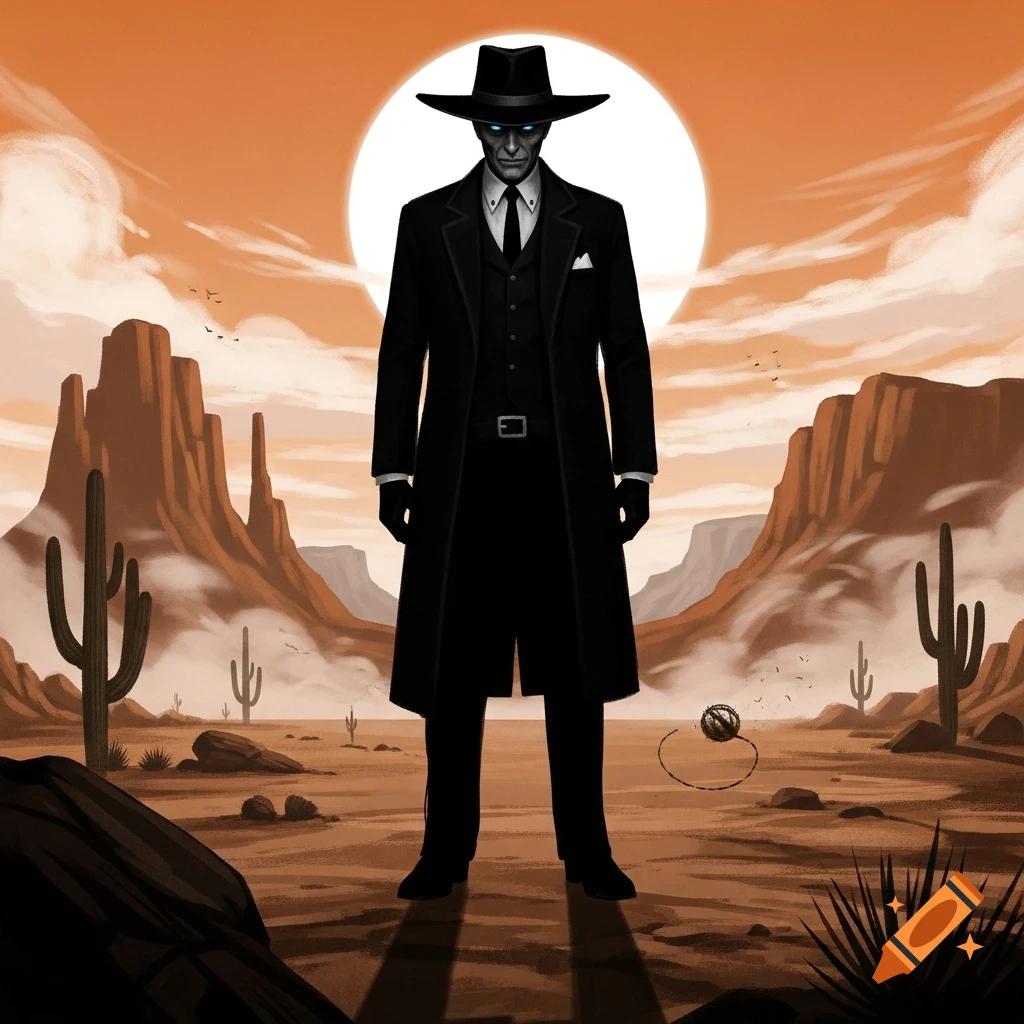 A tall, shadowy figure in a black hat and long coat stands in a vast ...