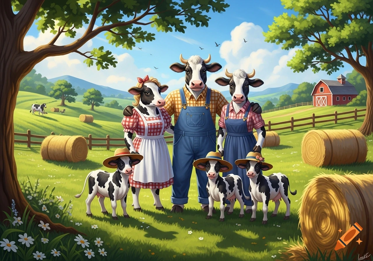 A cartoon anthropomorphic Holstein cow family, two adults and three ...