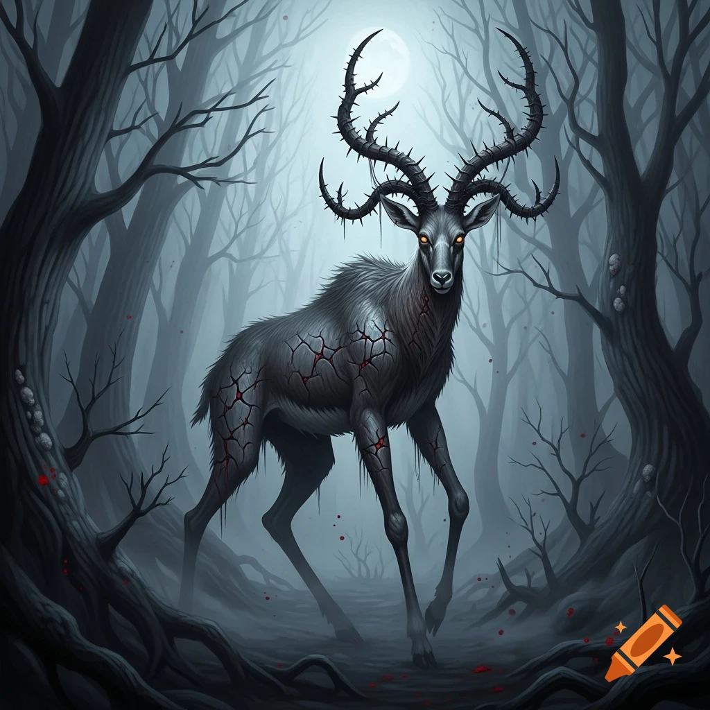 A monstrous deer-like creature with glowing eyes, thorny antlers, and ...