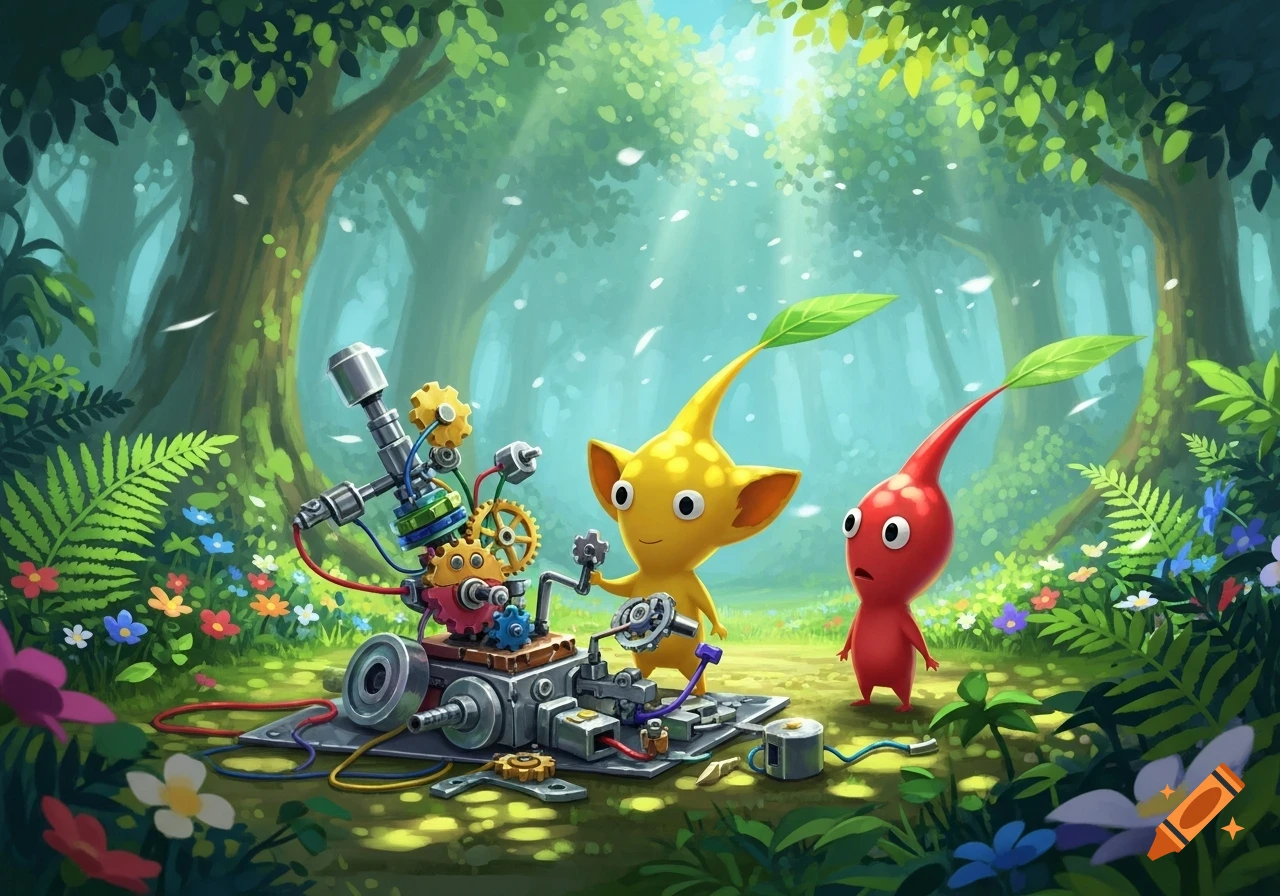 A yellow Pikmin works on a complex machine while a red Pikmin watches ...