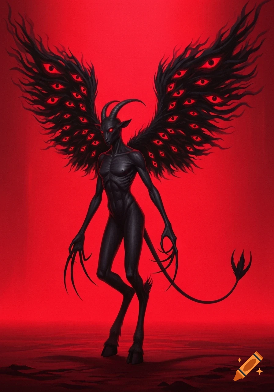 A gaunt, black, goat-headed demon with large wings covered in red eyes ...