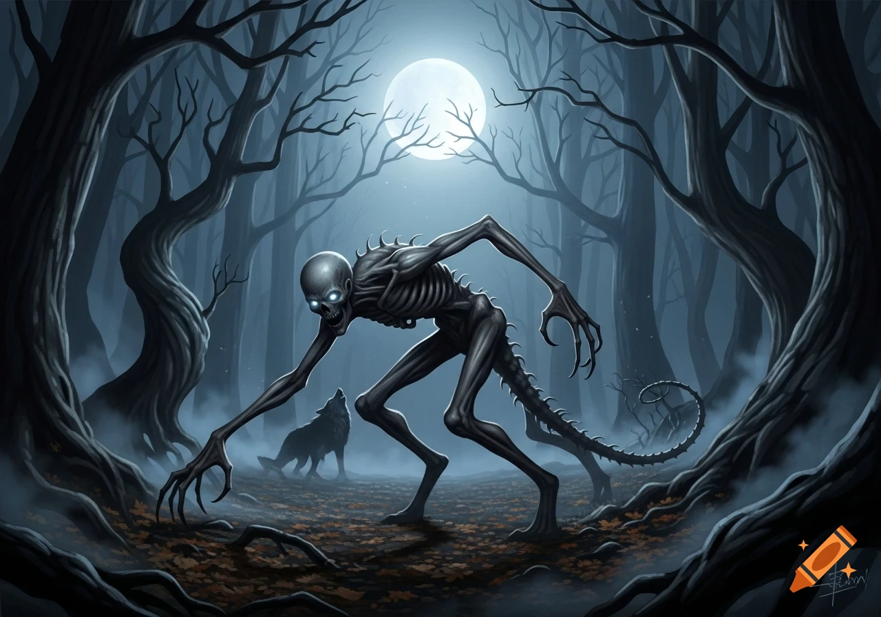 A gaunt, skeletal monster with glowing eyes, spiky back, and long claws ...