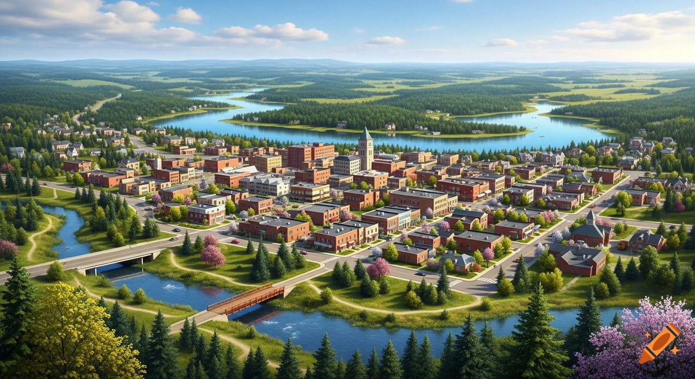 Aerial view of a town with brick buildings along a winding river ...