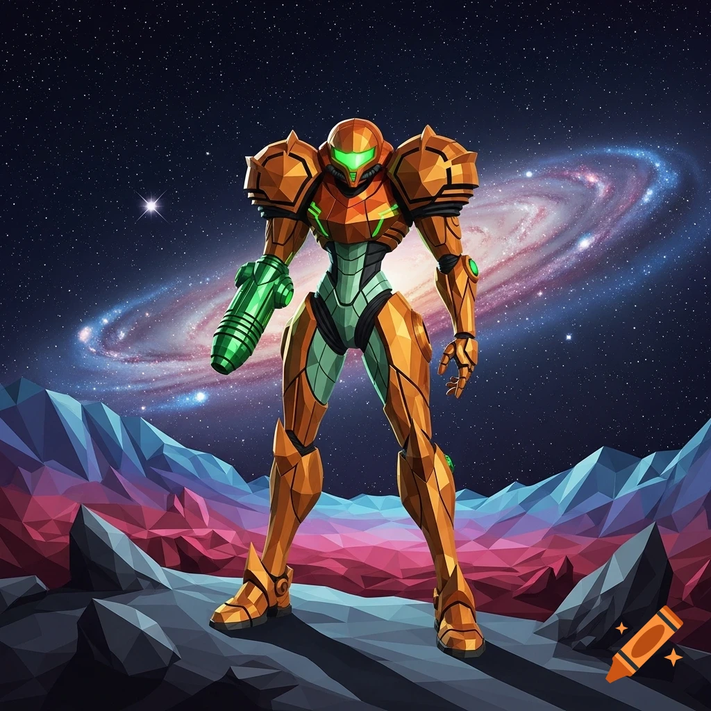 Low poly art of Samus Aran in her orange power suit standing on an ...