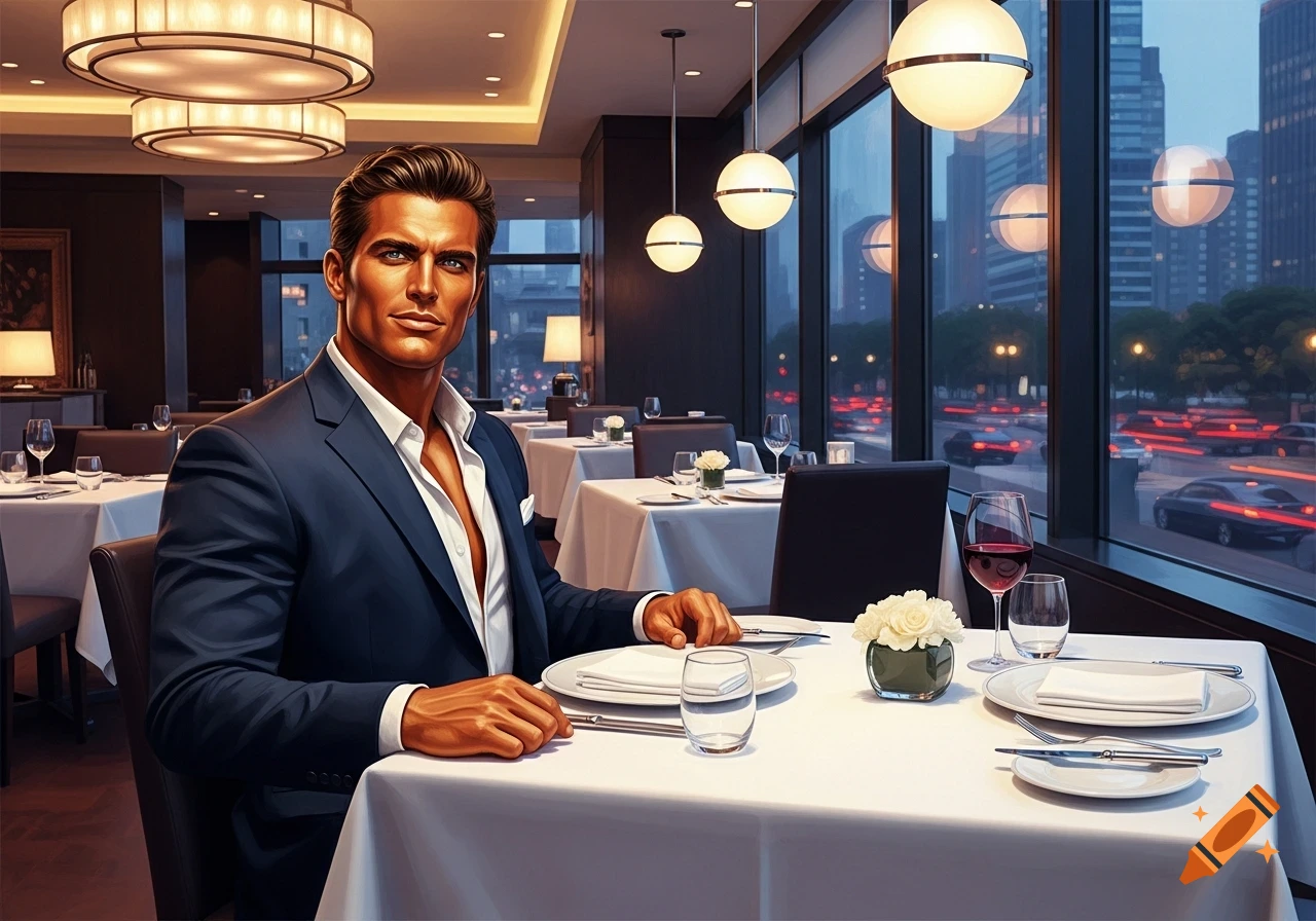 A photorealistic man with a deep tan in a blue suit sits at a ...