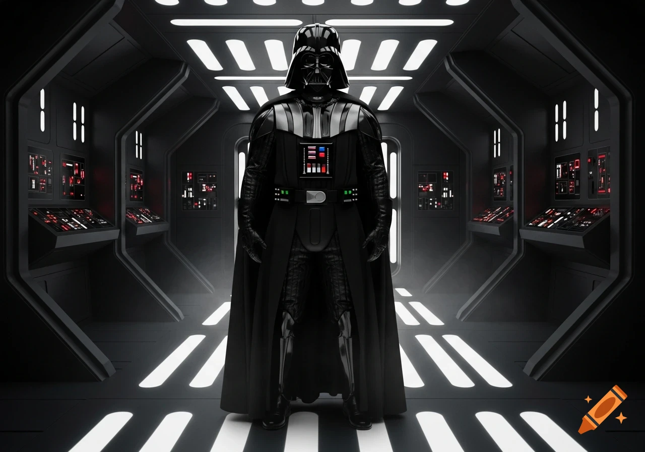 Photorealistic image of Darth Vader standing in a dark, sci-fi ...