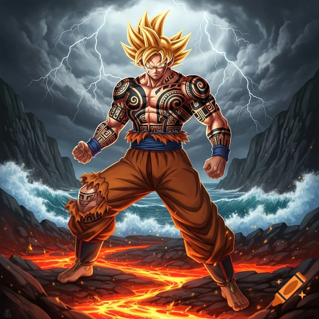 Goku as a Samoan tribal chief, covered in black tribal tattoos, stands ...