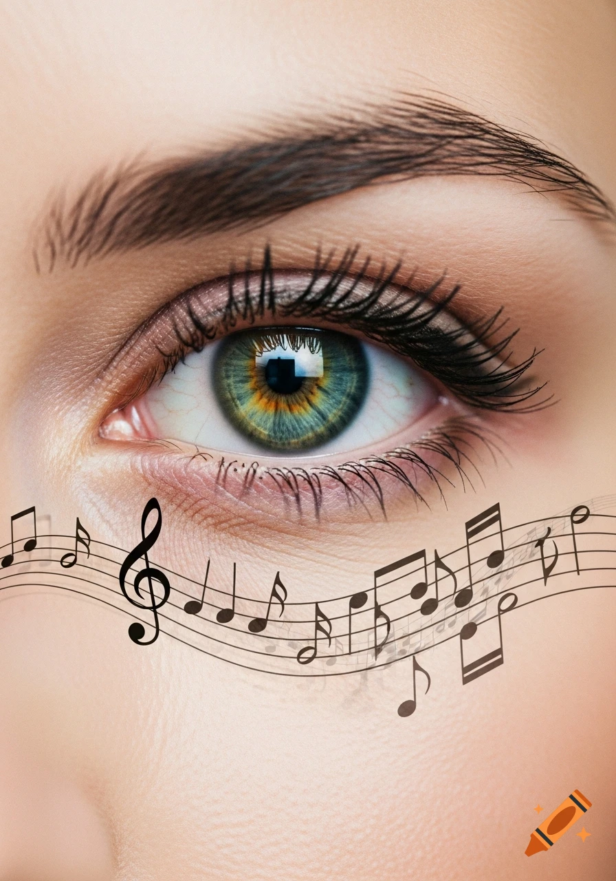Close-up of a green and gold human eye with musical notes and staff ...