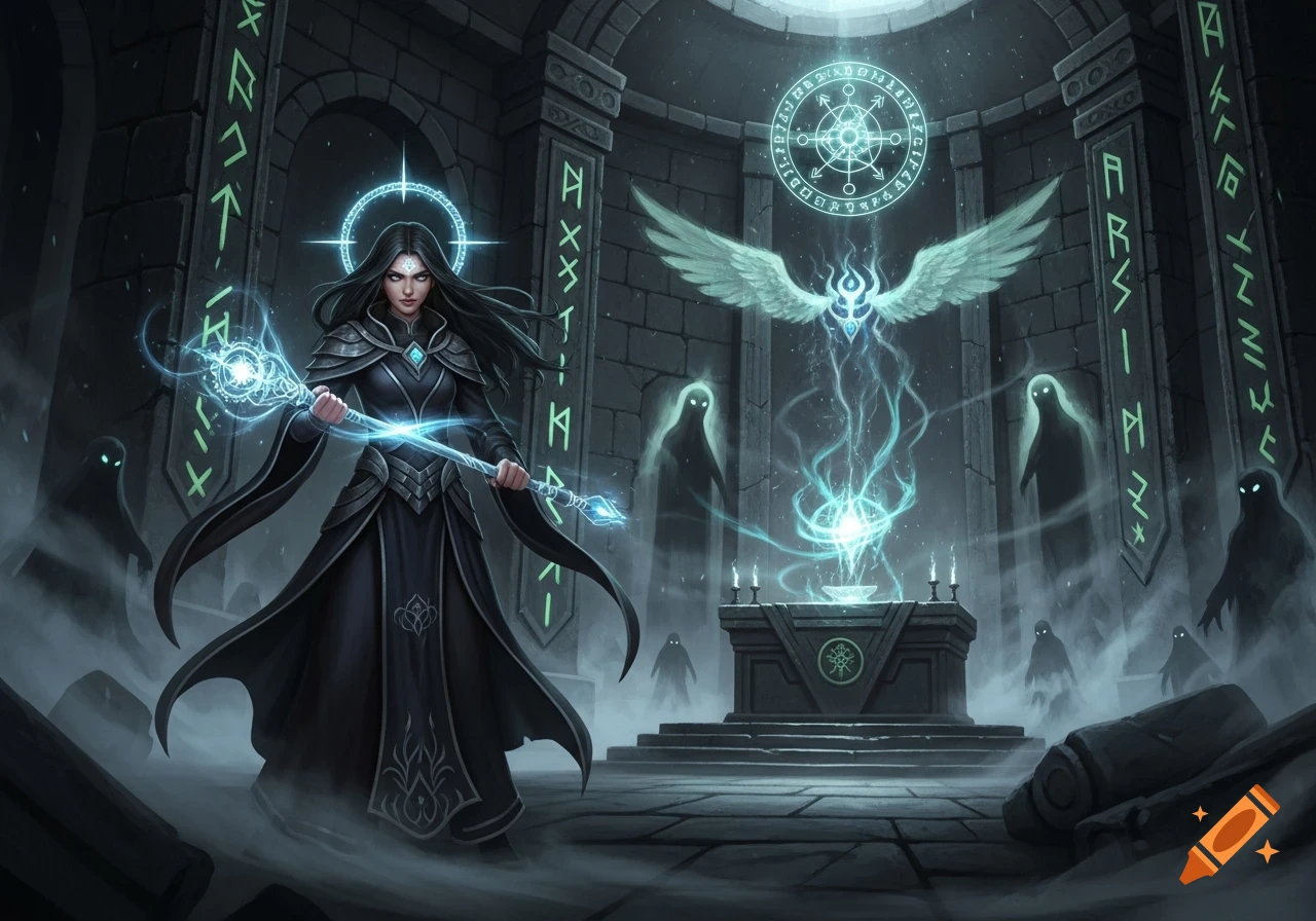 A powerful sorceress in dark robes, holding a glowing staff, stands in ...